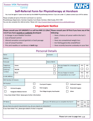 Fillable Online Self-Referral Form for Physiotherapy at Horsham Fax ...