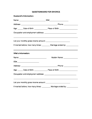Fillable Online QUESTIONNAIRE FOR DIVORCE Fax Email Print - pdfFiller