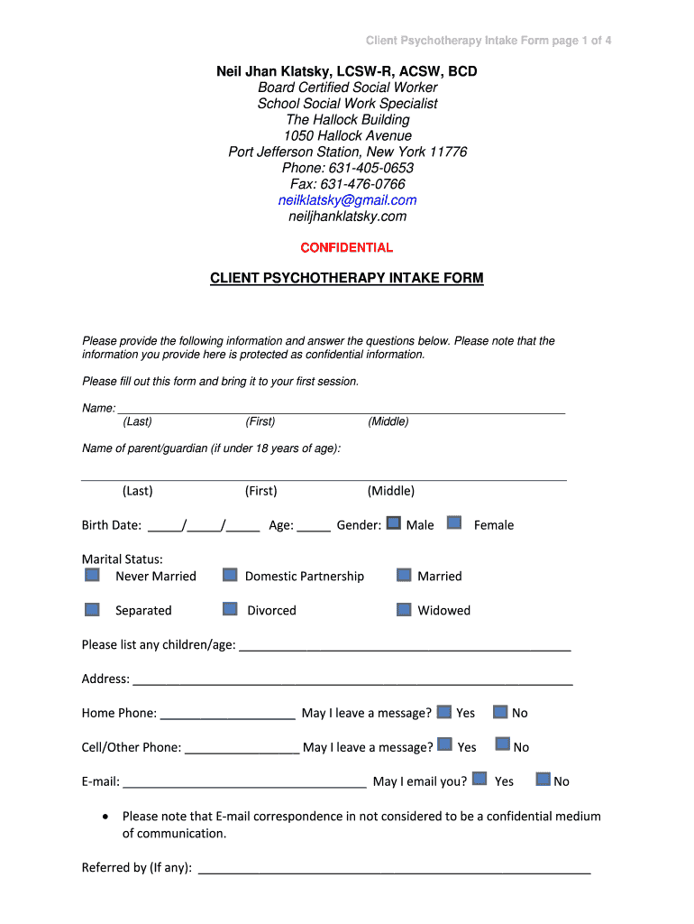 Fillable Online Client Psychotherapy Intake Form page 1 of 4 Fax Email ...