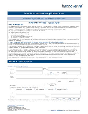Fillable Online Transfer of Insurance Application Form Fax Email Print ...