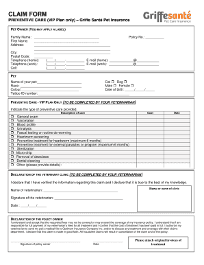 Fillable Online PREVENTIVE CARE (VIP Plan only) Griffe Sant Pet Insurance Fax Email Print ...