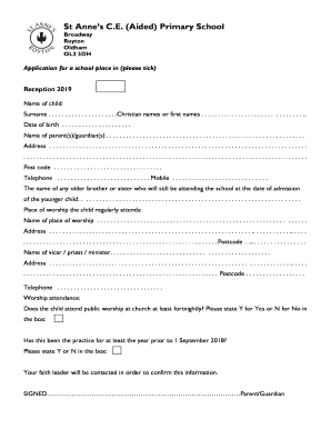 Fillable Online Application for a school place in (please tick) Fax ...