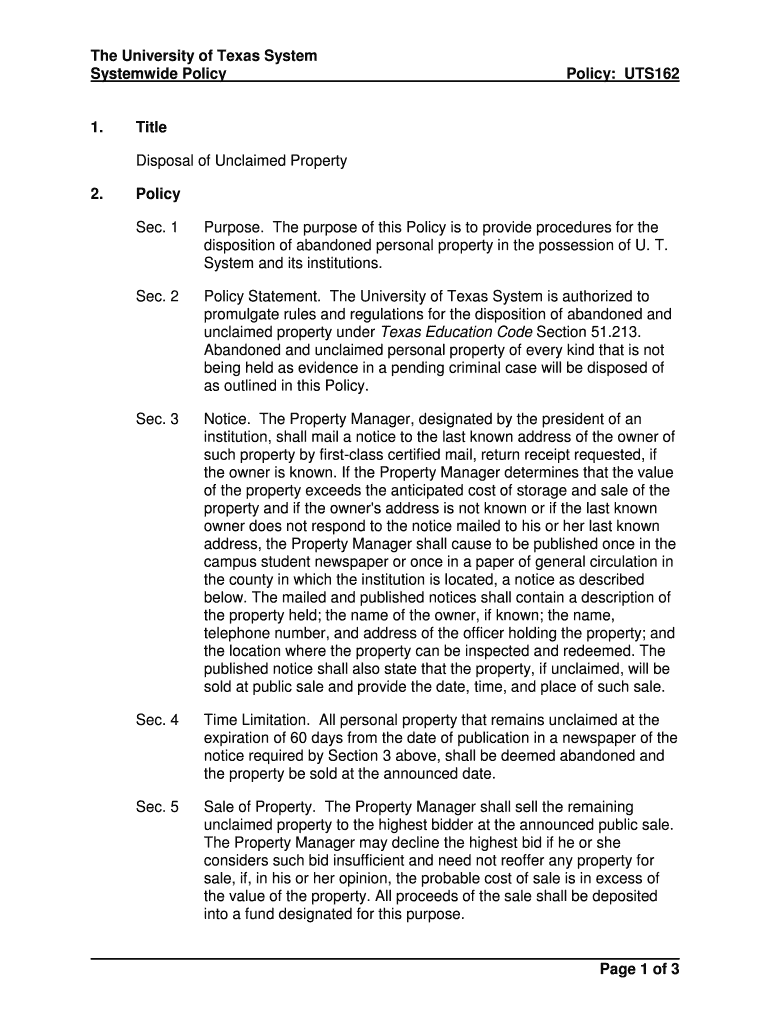 Fillable Online Disposal of Unclaimed Property Fax Email Print - pdfFiller