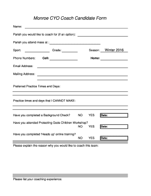 Fillable Online Monroe CYO Coach Candidate Form Fax Email Print - pdfFiller