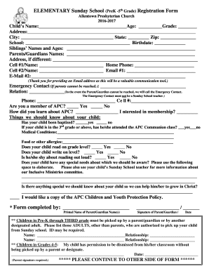 Fillable Online ELEMENTARY Sunday School (PreK -5th Grade) Registration ...