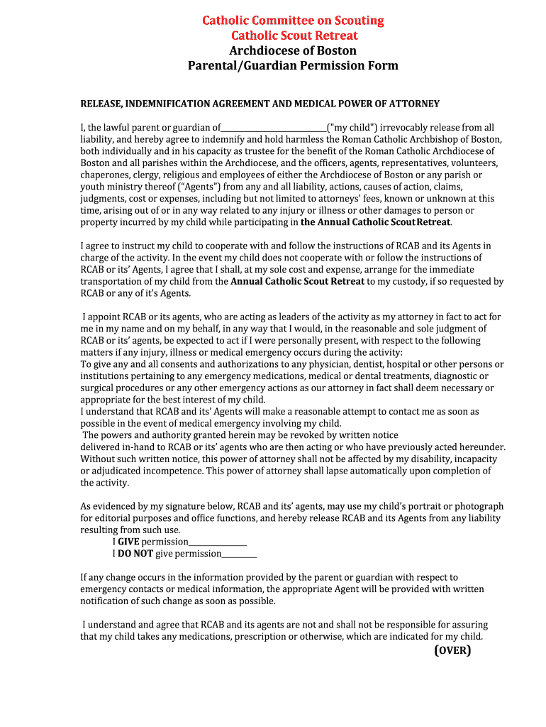 Fillable Online RELEASE, INDEMNIFICATION AGREEMENT AND MEDICAL POWER OF ...