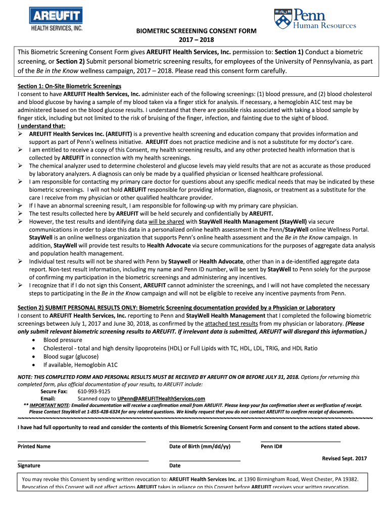 Fillable Online BIOMETRIC SCREEENING CONSENT FORM Fax Email Print ...