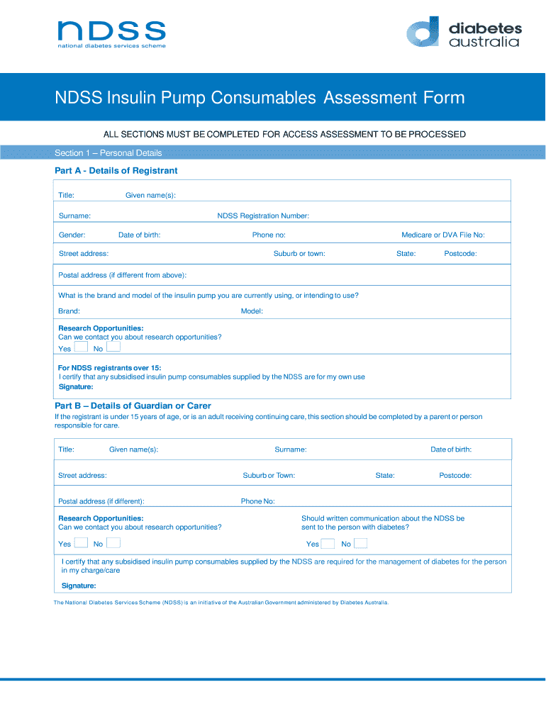 Fillable Online NDSS Insulin Pump Consumables Assessment Form Fax Email ...