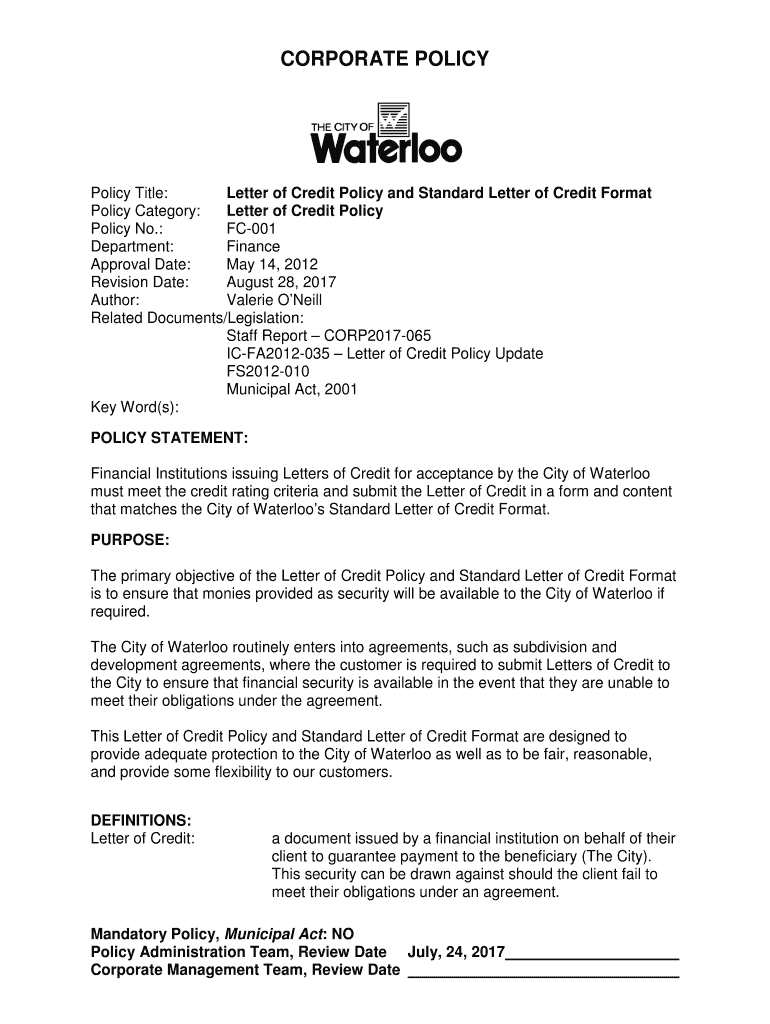 Fillable Online Letter of Credit Policy and Standard Letter of Credit ...