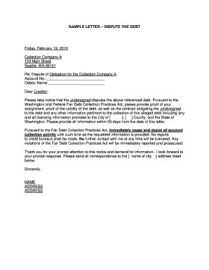 Fillable Online SAMPLE LETTER DISPUTE THE DEBT Fax Email Print - pdfFiller