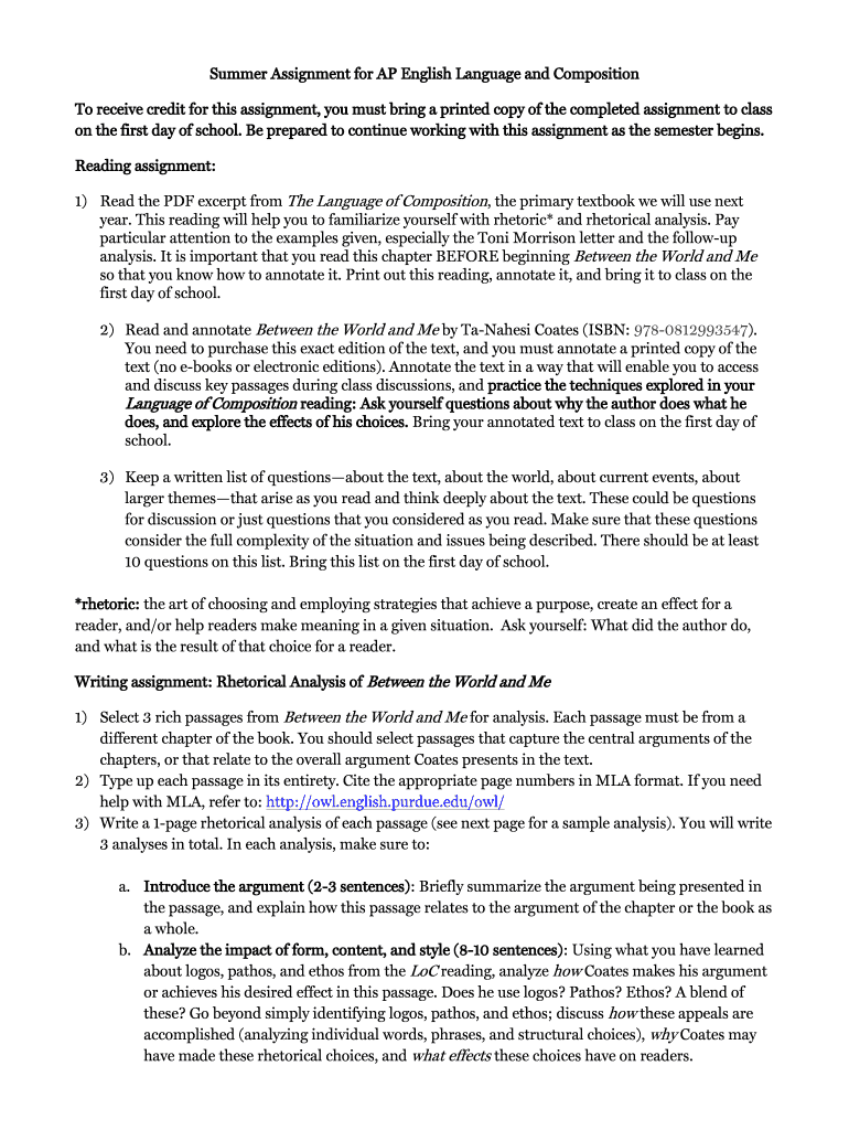 Fillable Online Summer Assignment for AP English Language and ...