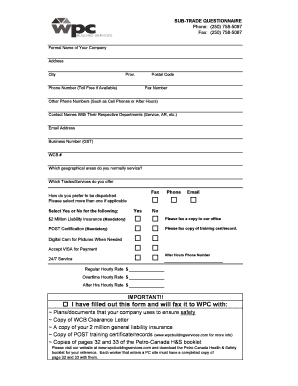 Fillable Online SUB-TRADE QUESTIONNAIRE Fax Email Print - pdfFiller