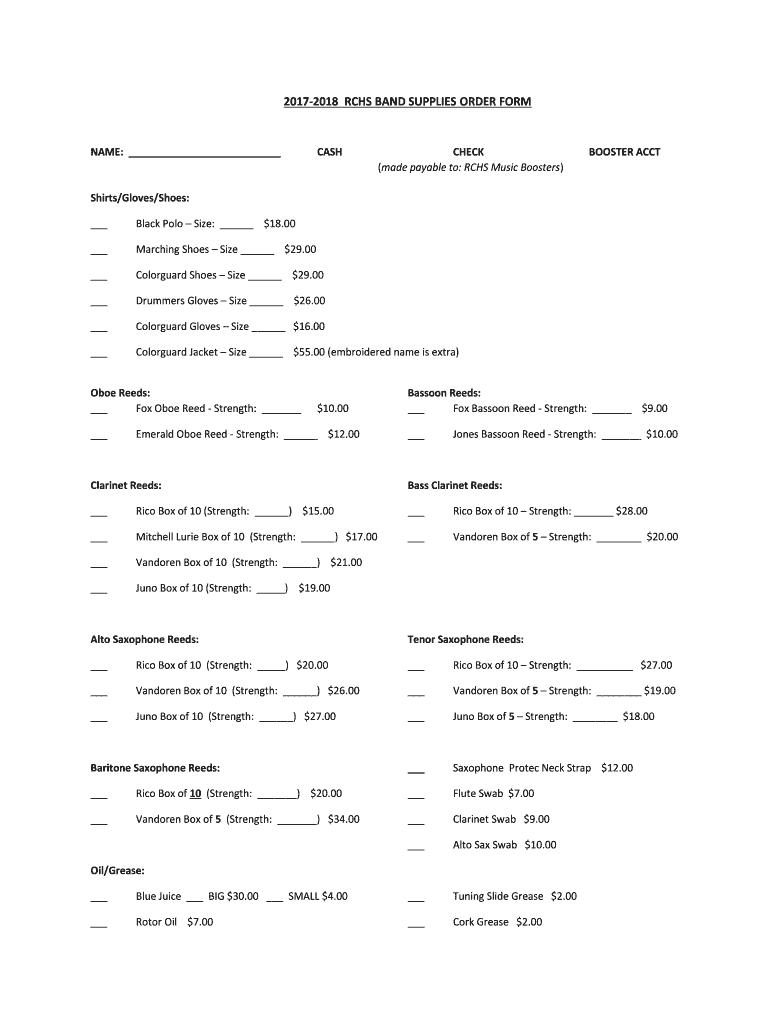 Fillable Online 2017-2018 RCHS BAND SUPPLIES ORDER FORM Fax Email Print ...