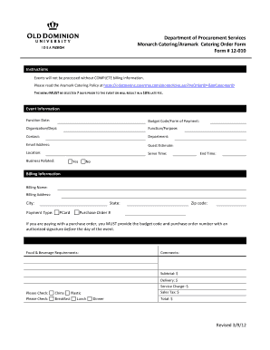 Fillable Online Monarch Catering/Aramark Catering Order Form Fax Email ...