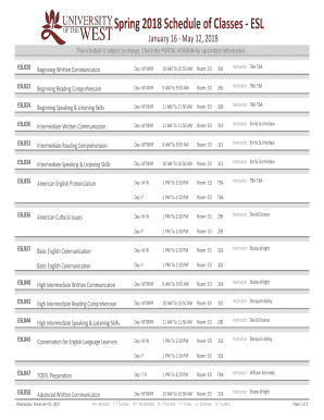 Fillable Online Spring 2018 Schedule of Classes - ESL Fax Email Print - pdfFiller