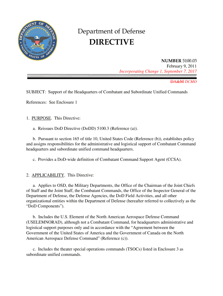 Fillable Online SUBJECT: Support of the Headquarters of Combatant and ...