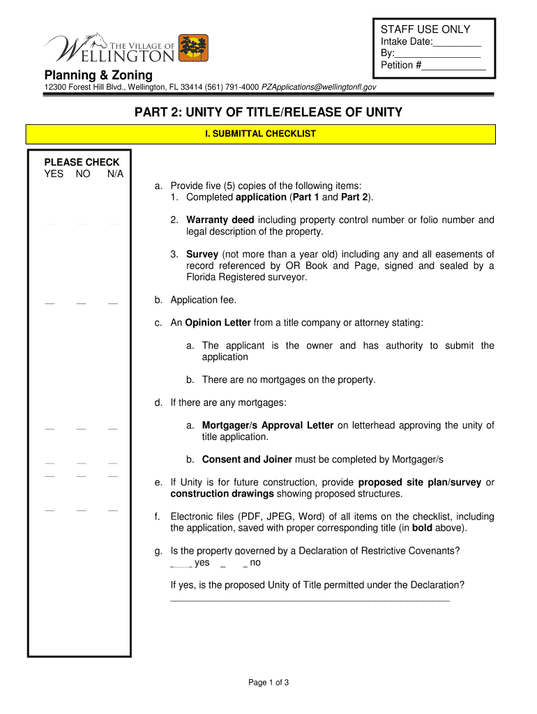 Fillable Online PART 2: UNITY OF TITLE/RELEASE OF UNITY Fax Email Print ...