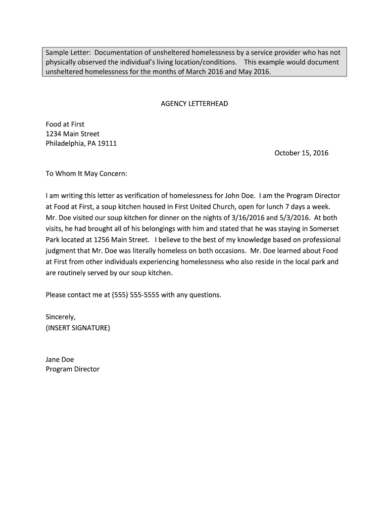 Fillable Online Sample Letter: Documentation of unsheltered ...