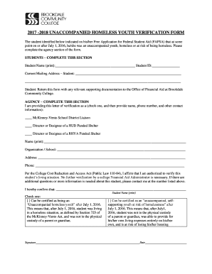 Fillable Online 2017 -2018 UNACCOMPANIED HOMELESS YOUTH VERIFICATION ...
