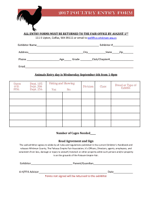 Fillable Online stage palouseempirefair 2017 POULTRY ENTRY FORM Fax ...
