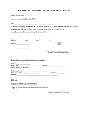 Fillable Online DISCHARGE RECEIPT FOR PAYMENT UNDER PMJJBY SCHEME Fax ...
