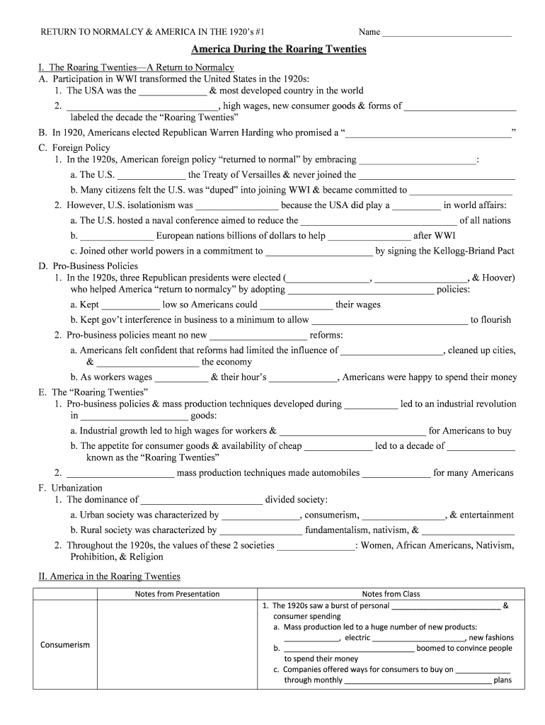 Fillable Online RETURN TO NORMALCY & AMERICA IN THE 1920s #1 Fax Email ...