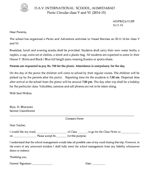 Fillable Online Picnic Circular class V and VI (2014-15) Fax Email ...