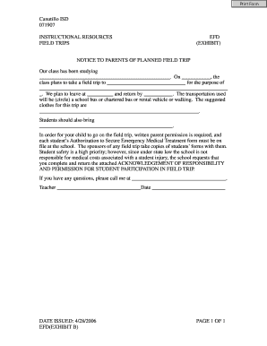 Fillable Online NOTICE TO PARENTS OF PLANNED FIELD TRIP Fax Email Print ...