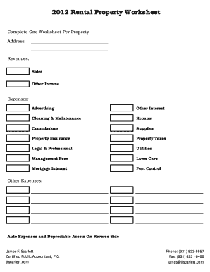 Fillable Online 2012 Rental Property Worksheet Fax Email Print - pdfFiller
