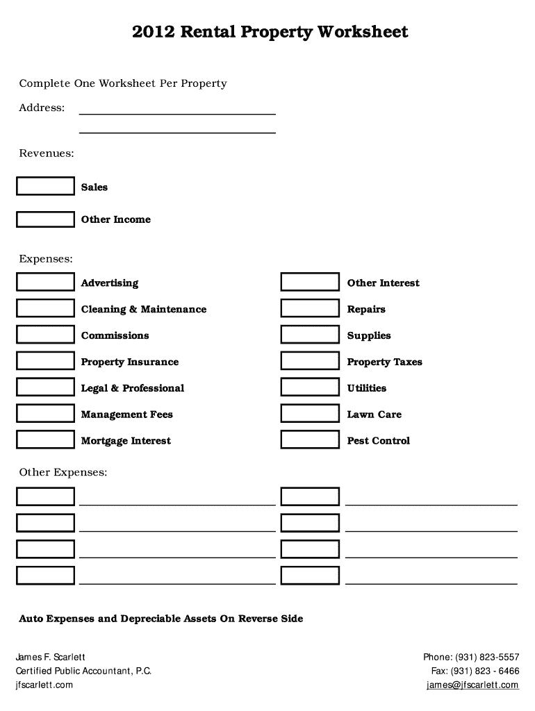 Fillable Online 2012 Rental Property Worksheet Fax Email Print - pdfFiller