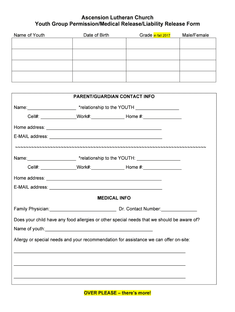 Fillable Online Youth Group Permission/Medical Release/Liability ...