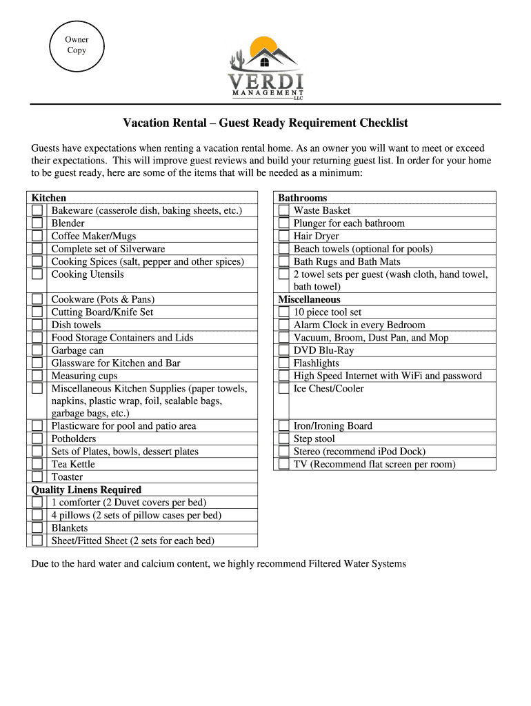 Fillable Online Vacation Rental Guest Ready Requirement Checklist Fax Email Print - pdfFiller