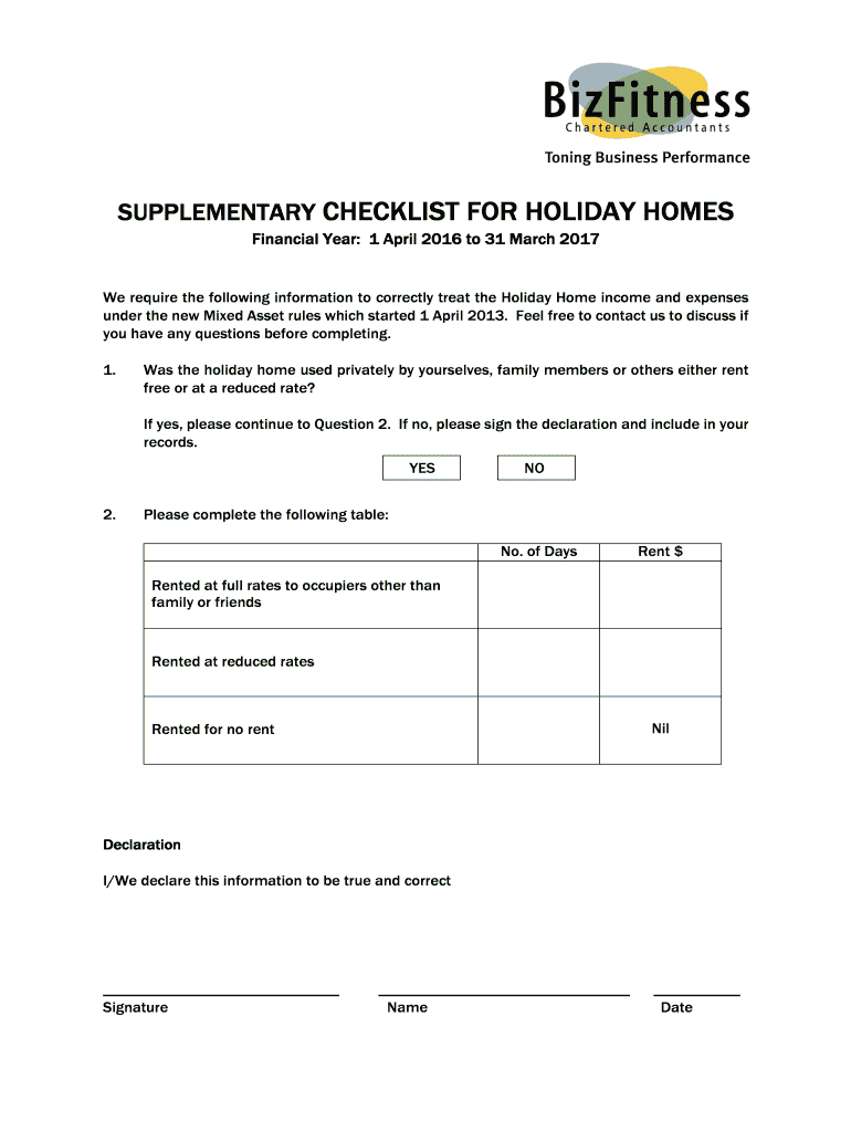 Fillable Online SUPPLEMENTARY CHECKLIST FOR HOLIDAY HOMES Fax Email ...