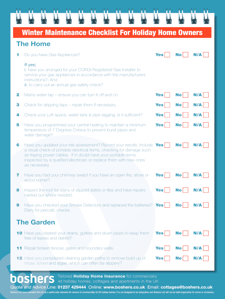 Fillable Online Winter Maintenance Checklist For Holiday Home Owners ...