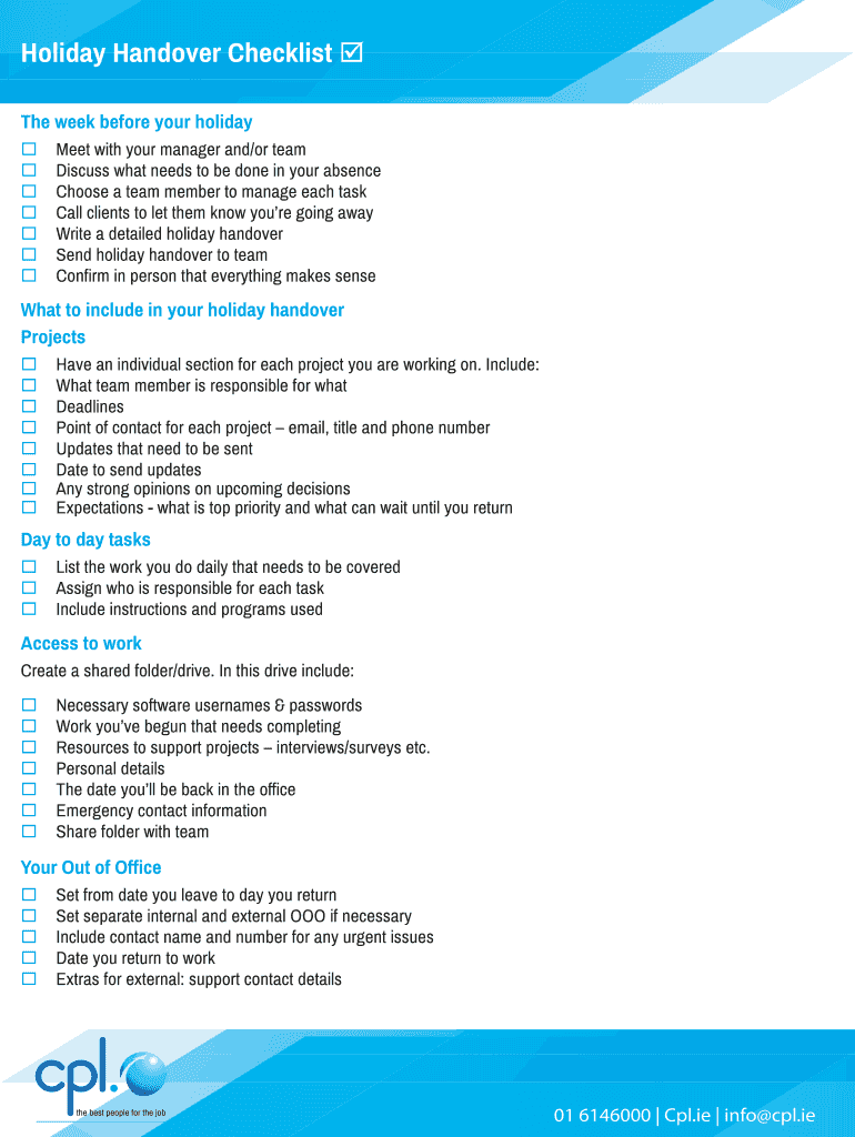 Fillable Online Holiday Handover Checklist Fax Email Print - pdfFiller