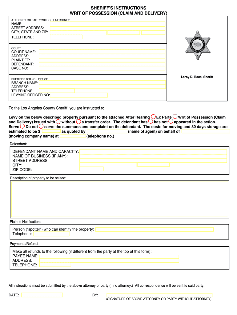 Fillable Online WRIT OF POSSESSION (CLAIM AND DELIVERY) Fax Email Print ...