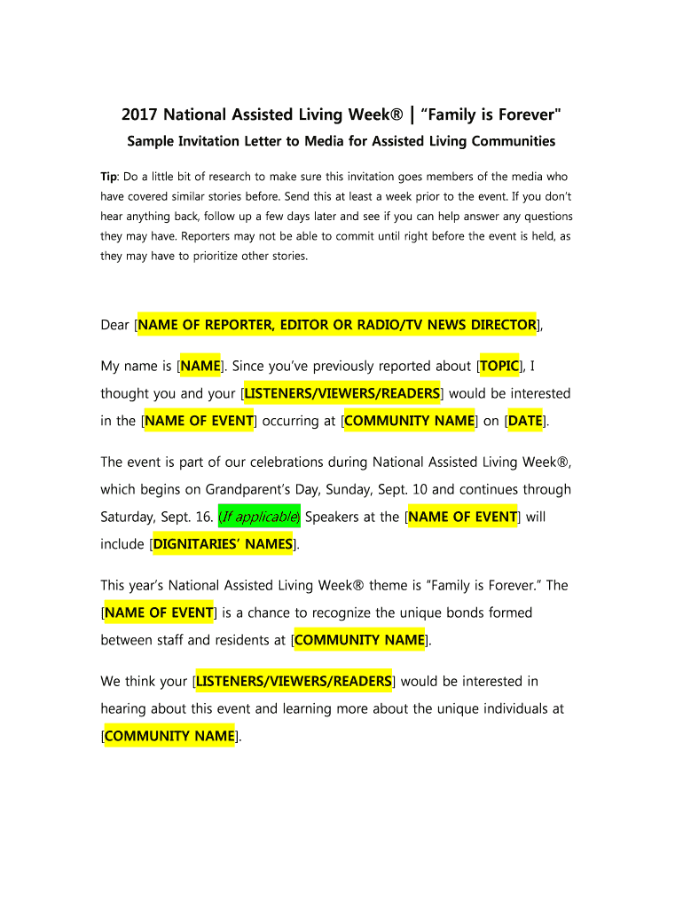 Fillable Online Sample Invitation Letter to Media for Assisted Living ...