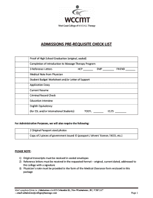 Fillable Online ADMISSIONS PRE-REQUISITE CHECK LIST Fax Email Print ...
