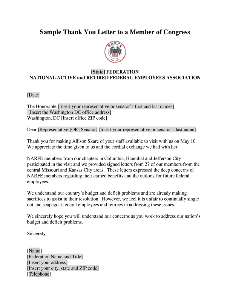 Fillable Online Sample Thank You Letter to a Member of Congress Fax ...