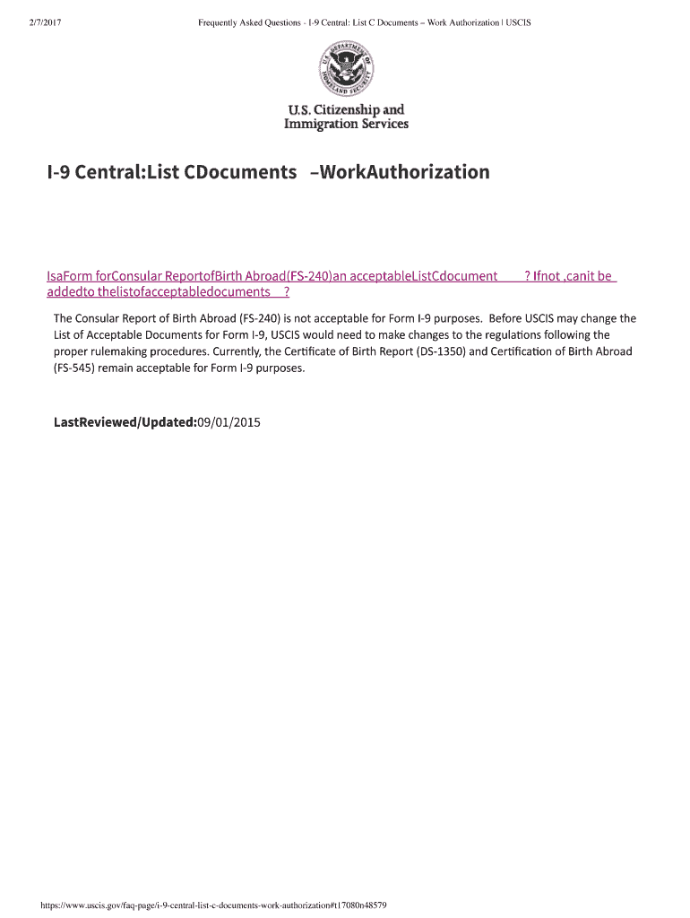 Fillable Online Frequently Asked Questions - I-9 Central: List C ...