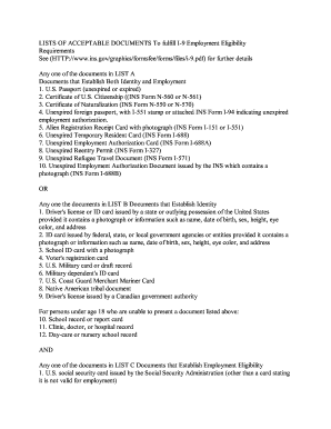 Fillable Online LISTS OF ACCEPTABLE DOCUMENTS To fulfill I-9 Employment ...
