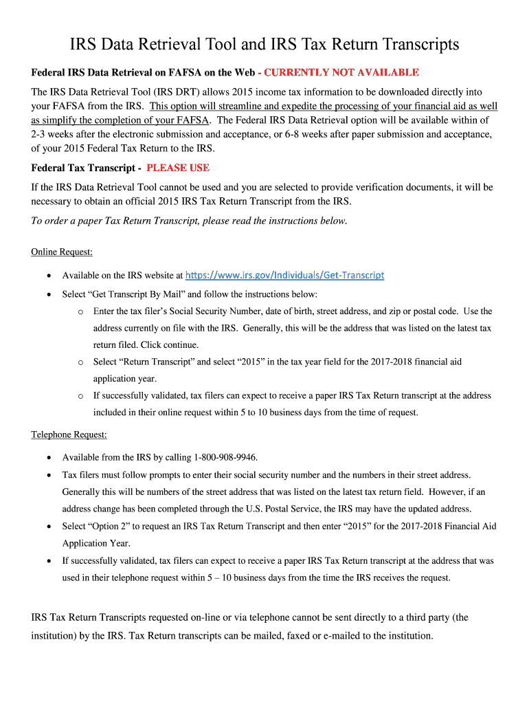 Fillable Online IRS Data Retrieval Tool and IRS Tax Return Transcripts ...