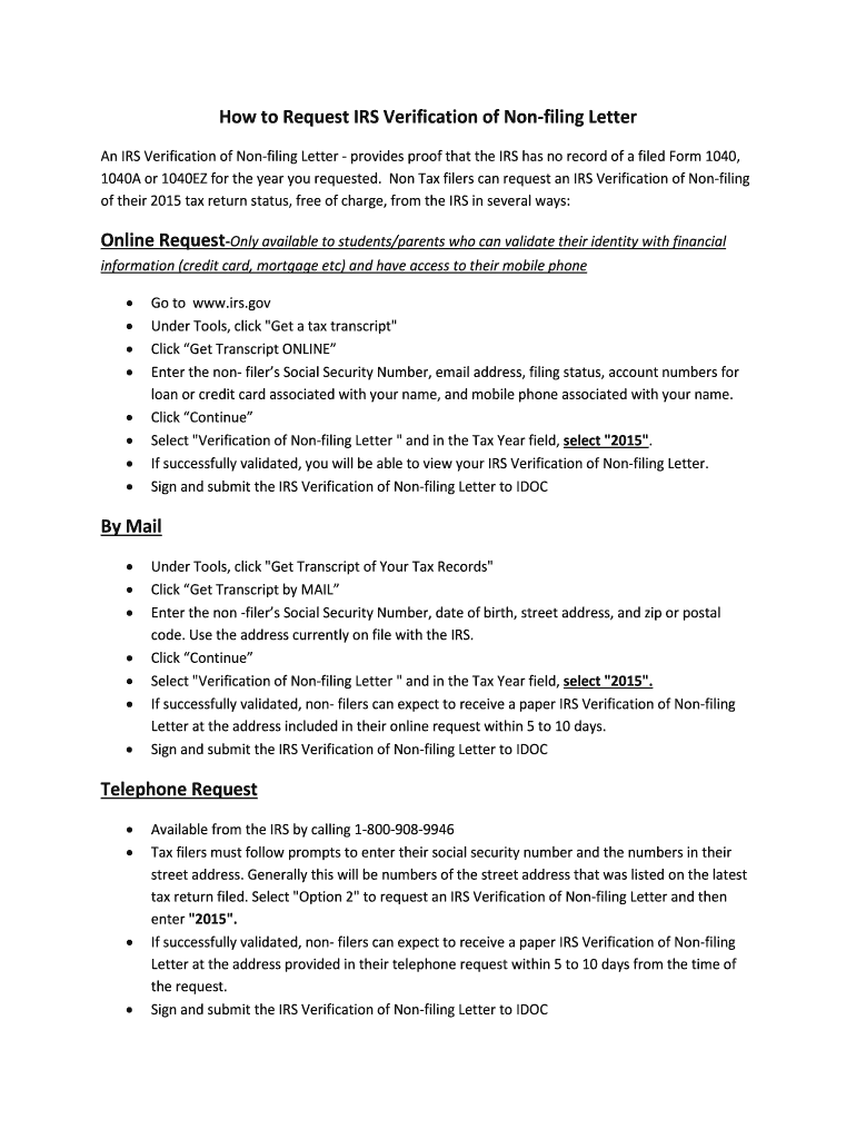 Fillable Online How to Request IRS Verification of Non-filing Letter ...