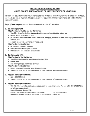 Fillable Online AN IRS TAX RETURN TRANSCRIPT OR IRS VERIFICATION OF ...