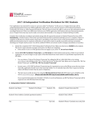 Fillable Online 2017-18 Independent Verification Worksheet for HSC ...