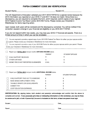 Fillable Online FAFSA COMMENT CODE 399 VERIFICATION Fax Email Print - pdfFiller