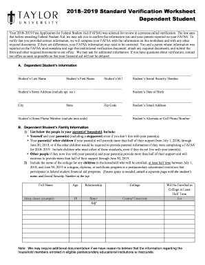 Fillable Online 20182019 Standard Verification Worksheet Fax Email ...