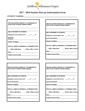 Fillable Online 2017 - 2018 Student Pick-up Authorization Form Fax ...