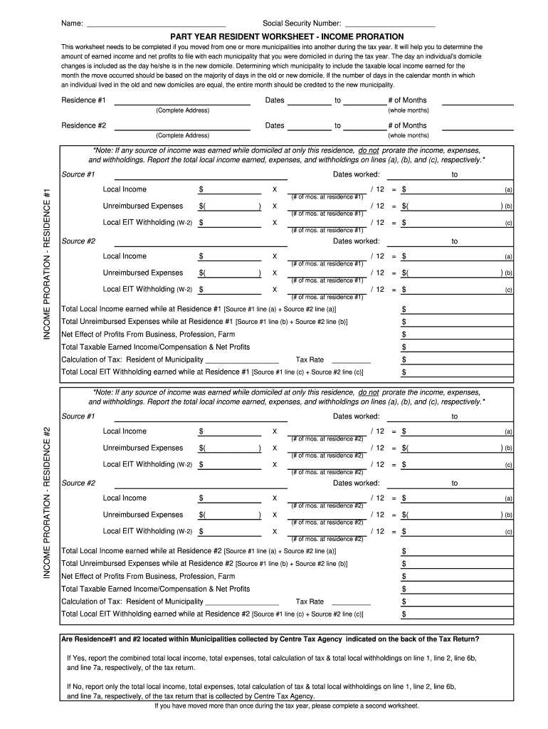 Fillable Online PART YEAR RESIDENT WORKSHEET - INCOME PRORATION Fax ...