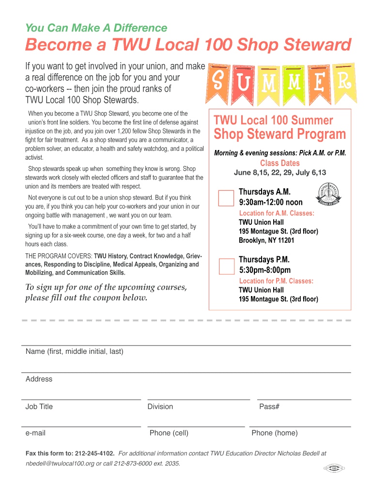 Fillable Online Become a TWU Local 100 Shop Steward Fax Email Print ...